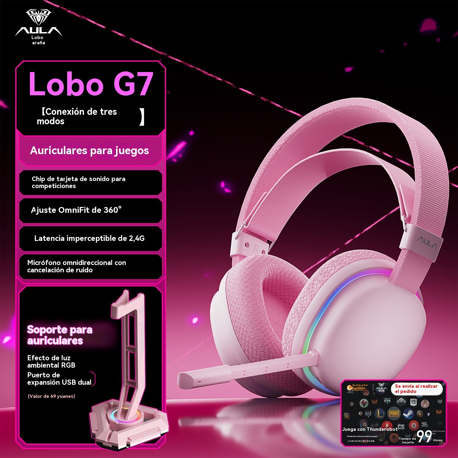 Игровая гарнитура Aula G7, поддерживает три режима работы, 1000 мАч, розовый