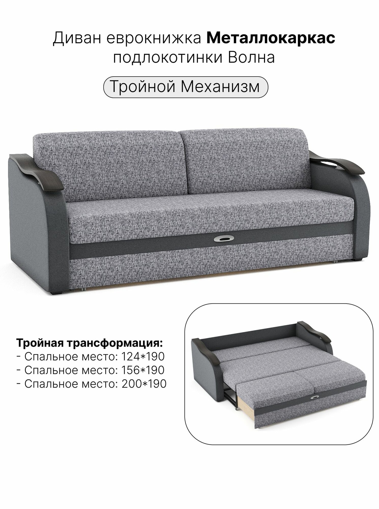 Диван на металлокаркасе 190МК МДФ подлокотники Волна, серый флок 75+150