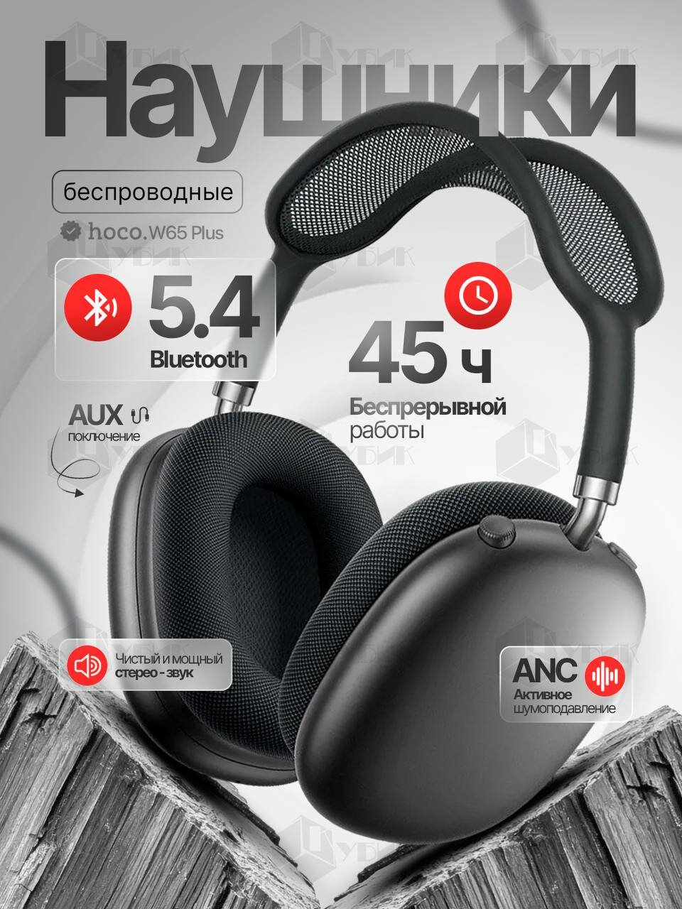 Наушники беспроводные с шумоподавлением полноразмерные HOCO W65 PLUS 45 часов музыки, BT 5.4 черные