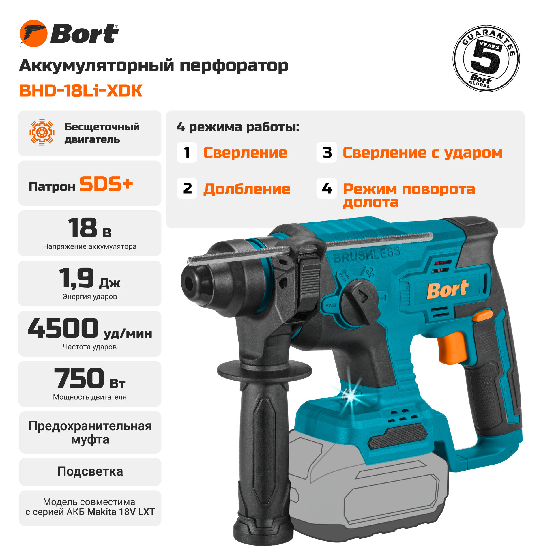 Перфоратор аккумуляторный BORT BHD-18Li-XDK (Без АКБ и З/У), 18В, 1,9 Дж, 4500 уд/мин, 750Вт