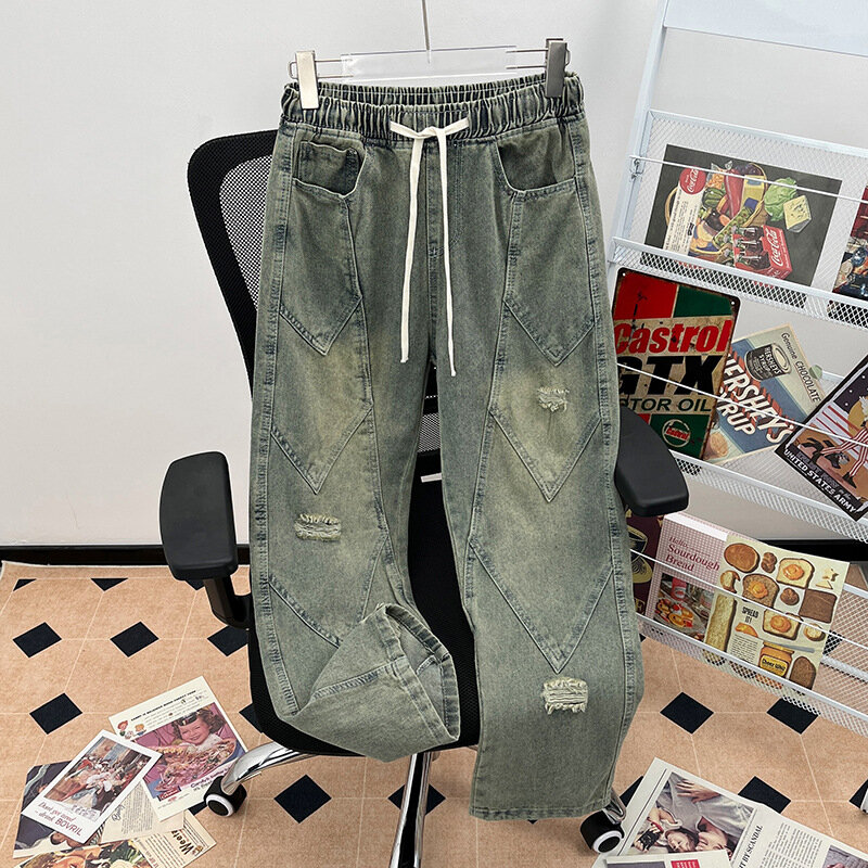 Тренд RONG CH Мужские Джинсы Американские Винтаж Деконструированные Потертые Широкие Деним, Размер_3XL