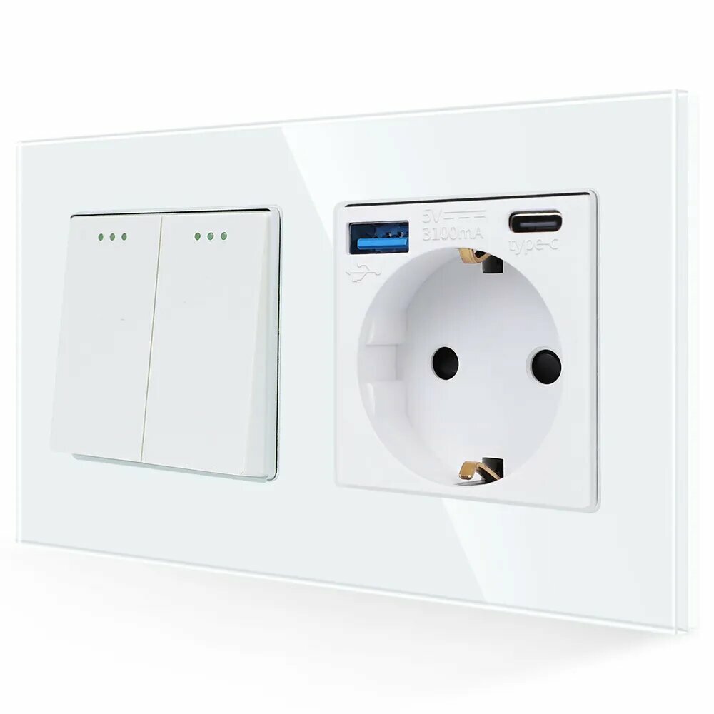 Выключатель двухклавишный с розеткой с USB и type-C, 2 клавиша, 2 поста, рамка стекло