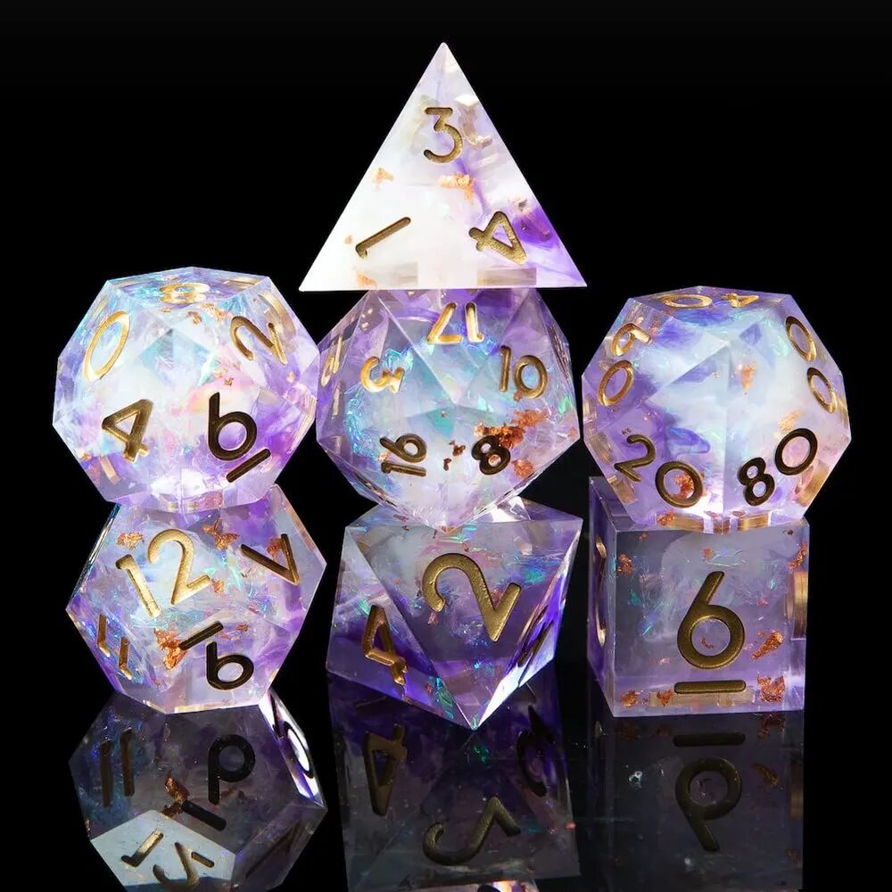 Кубики днд из смолы Дайсы для DnD с острыми краями Кости игральные для Dungeons & Dragons Набор 7 шт, фиолетовые с медными цифрами
