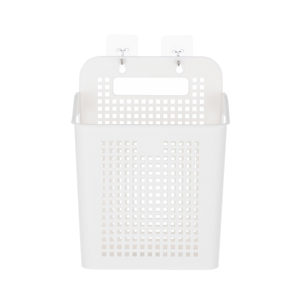 Пластиковая корзина для белья с самоклеящимися крючками и портативной ручкой, без сверления, для кухни, ванной, прачечной. Цвета: белый/серый/розовый/синий. Размер: 37×28×17 см. Грузоподъемность: 3-5 кг