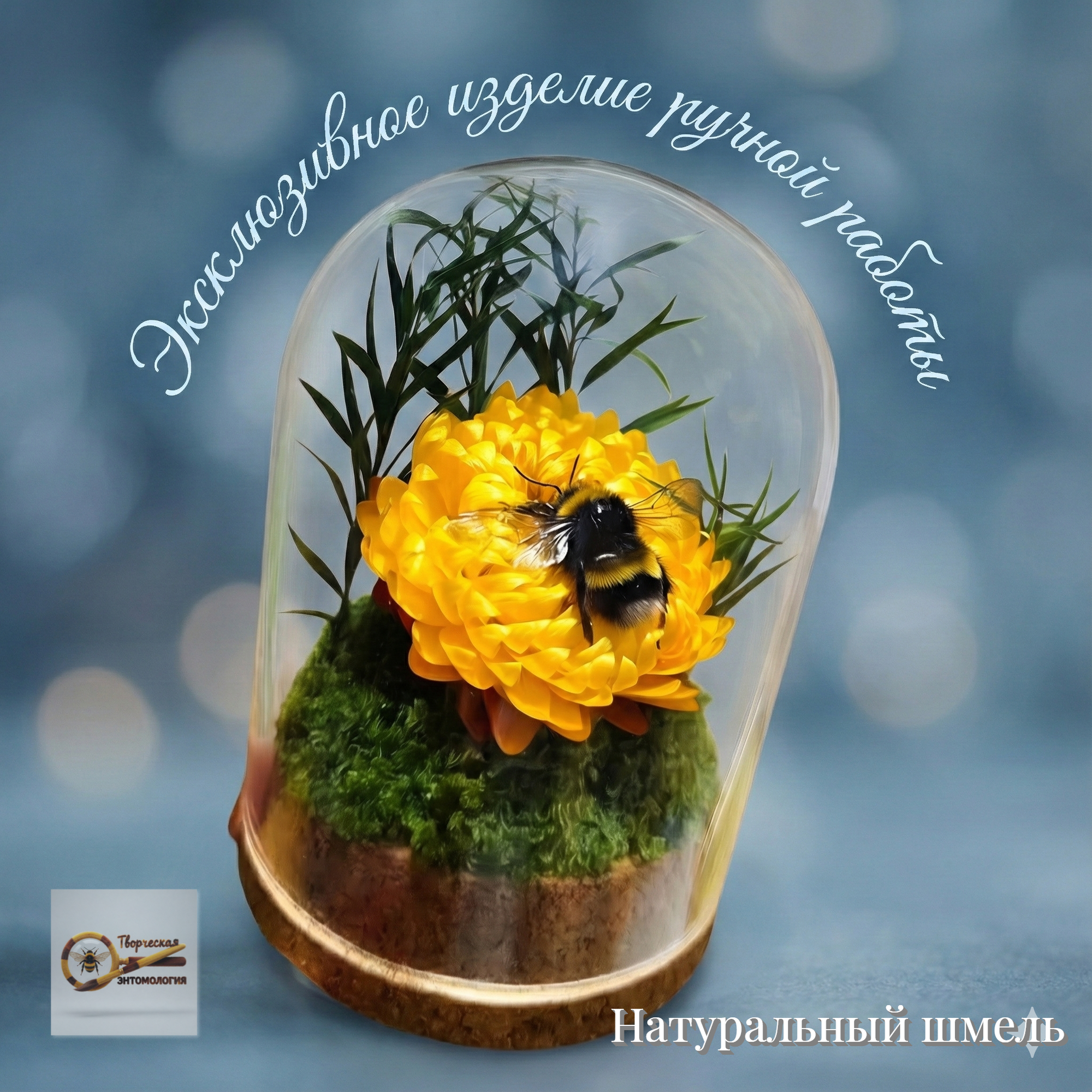 Шмель на цветке в стеклянной колбе, декоративная композиция на пробковой основе