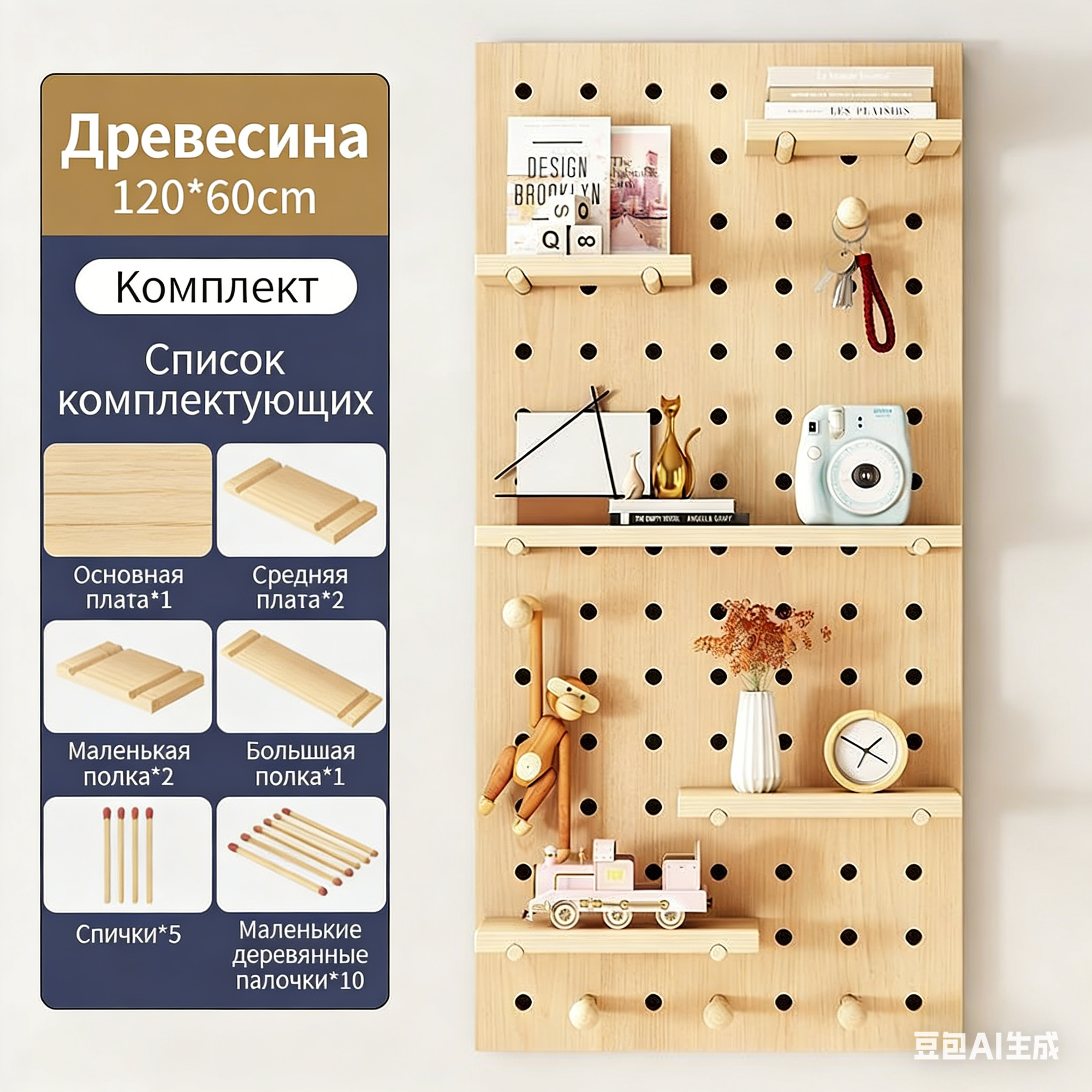 Доска с отверстиями из цельного дерева, настенная полка, настенная подвесная простая фоновая стена для хранения,120*60cm
