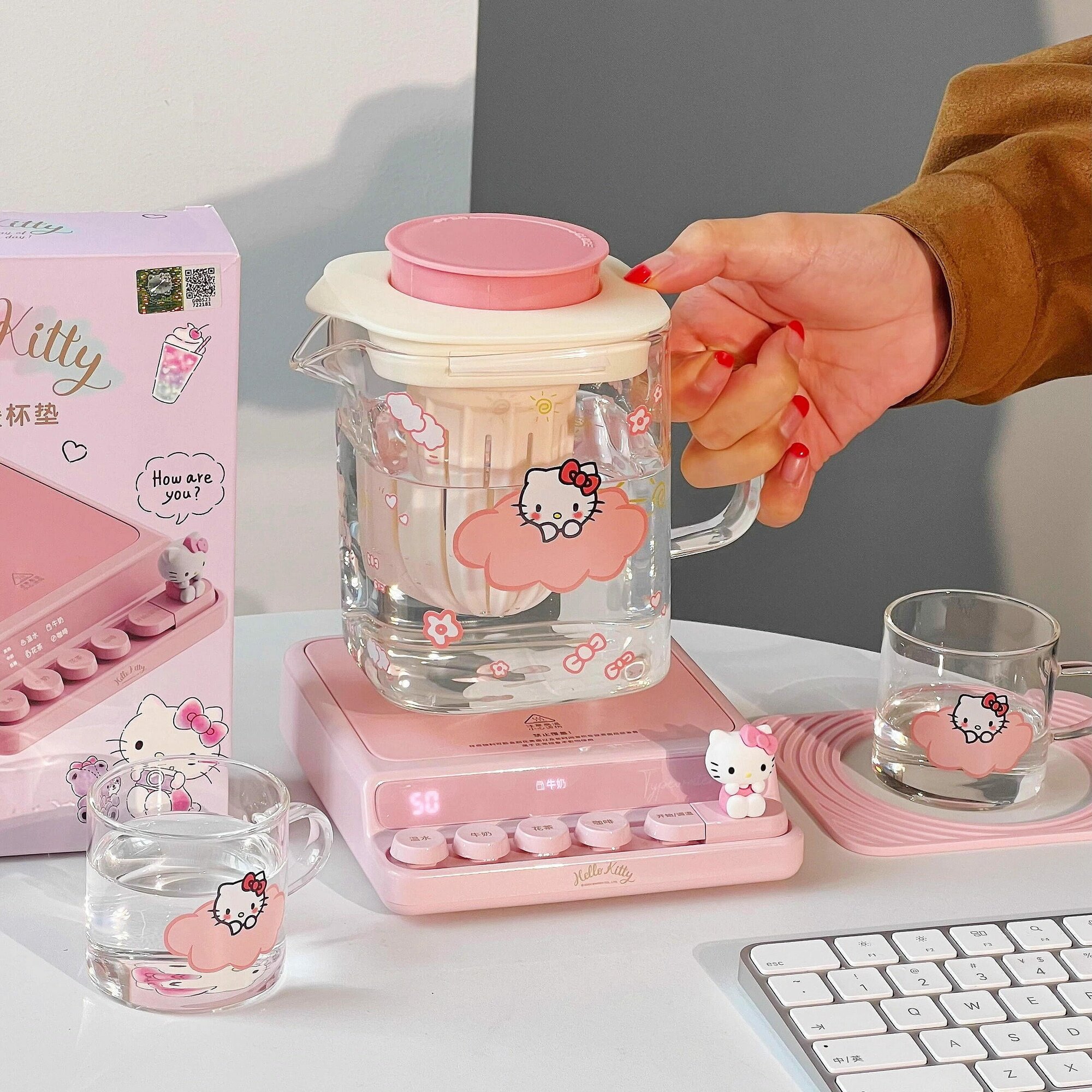HelloKitty Нагревательная подставка，Стеклянный чайный сервиз Hello Kitty с милым девичьим сердечком и фильтром