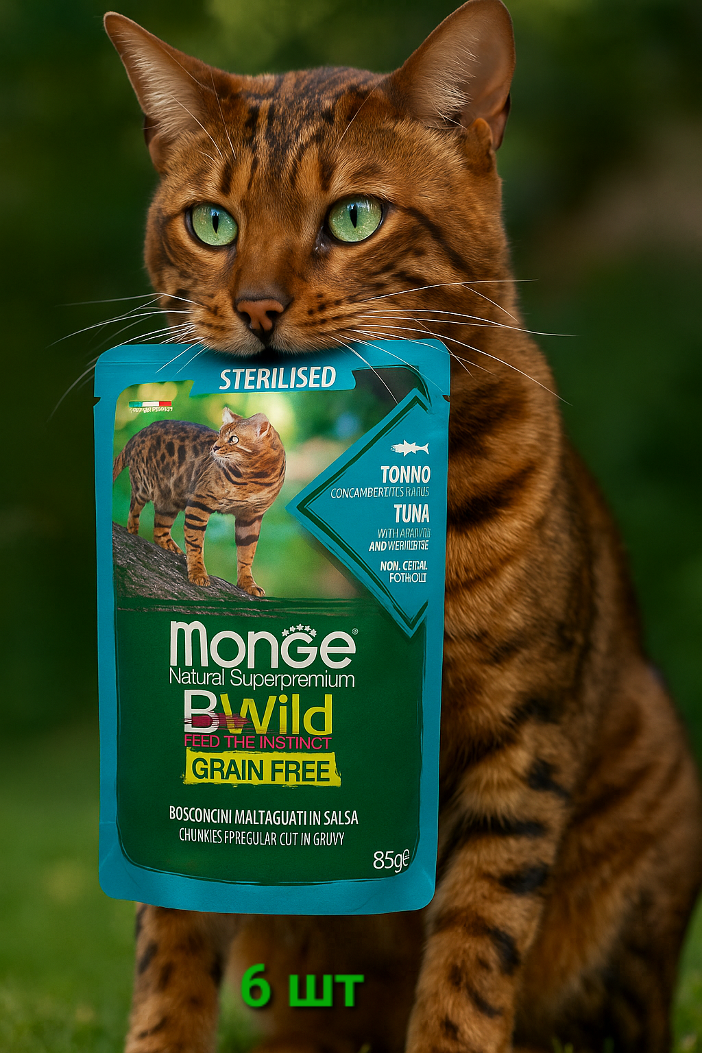 Корм влажный Monge BWild, для стерилизованных, из тунца, с креветками, овощами, 85г, 6шт.