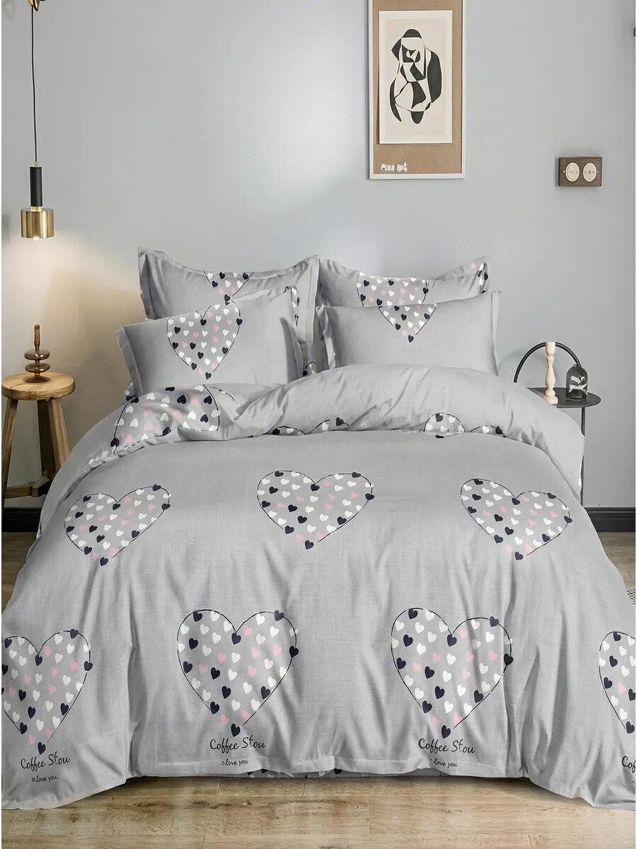 Комплект постельного белья СонЛиТекс, евростандарт, полисатин, серый