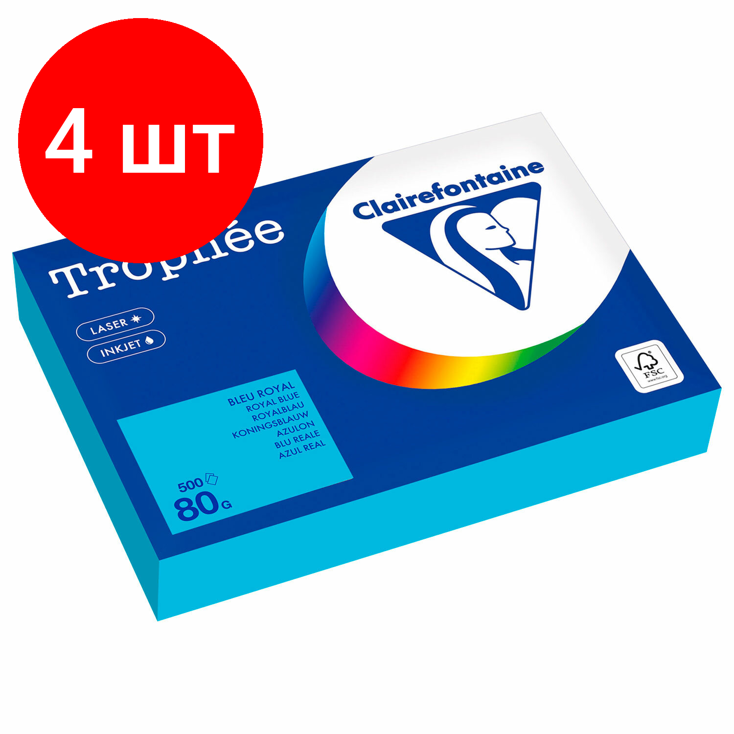 Комплект 4 шт, Бумага цветная CLAIREFONTAINE, А4, 80 г/м2, 500 л, интенсив, королевский синий, 1976PC
