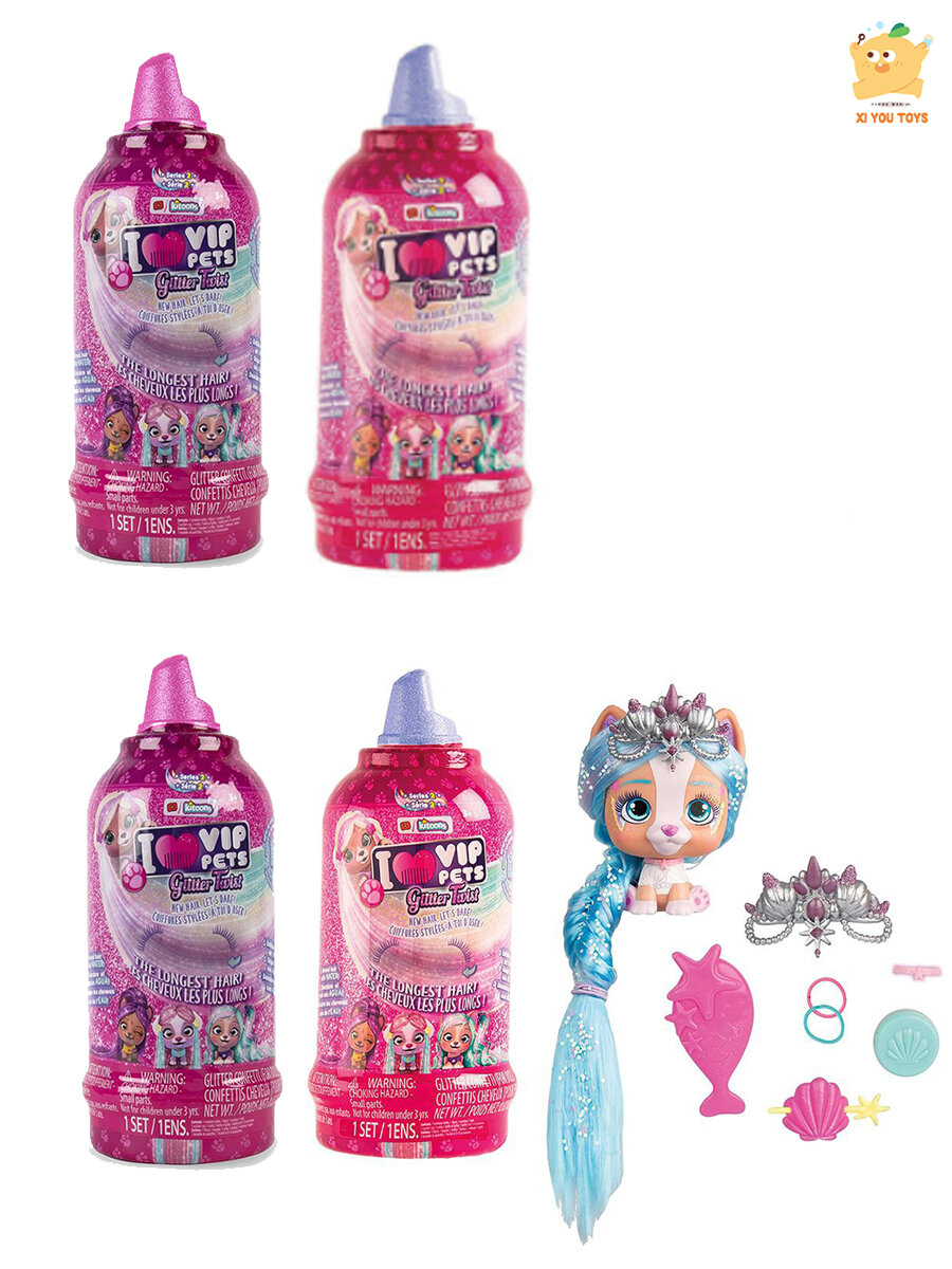 IMC Toys Vip Pets Glitter Twist Surprise Hair Reveal Random 4 Item Random Color / Плюшевая Игрушка-щенок-сюрприз С Очень Длинным Блестящим Мехом, Подходящая Для Детей В Возрасте От 5 Лет И Старше.