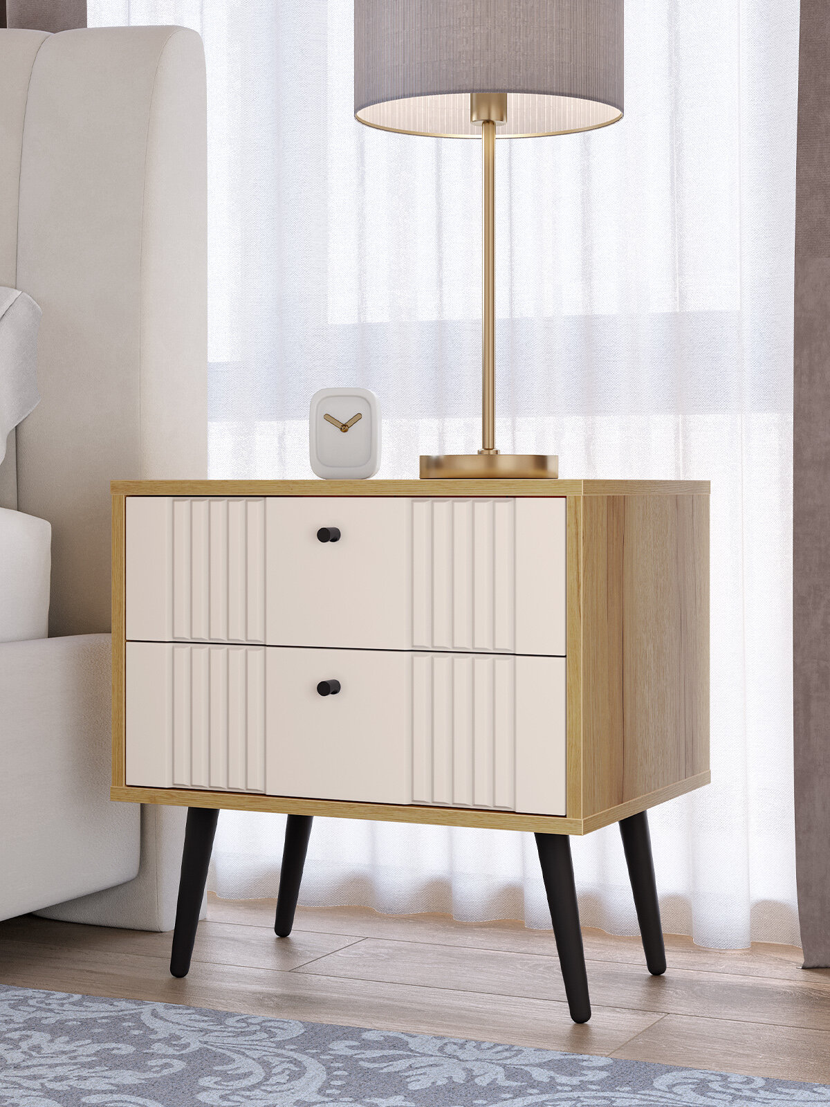 Тумба прикроватная Кураж Вега Саксония 53,7х53,8х40,2 с ящиками, белая, на ножках