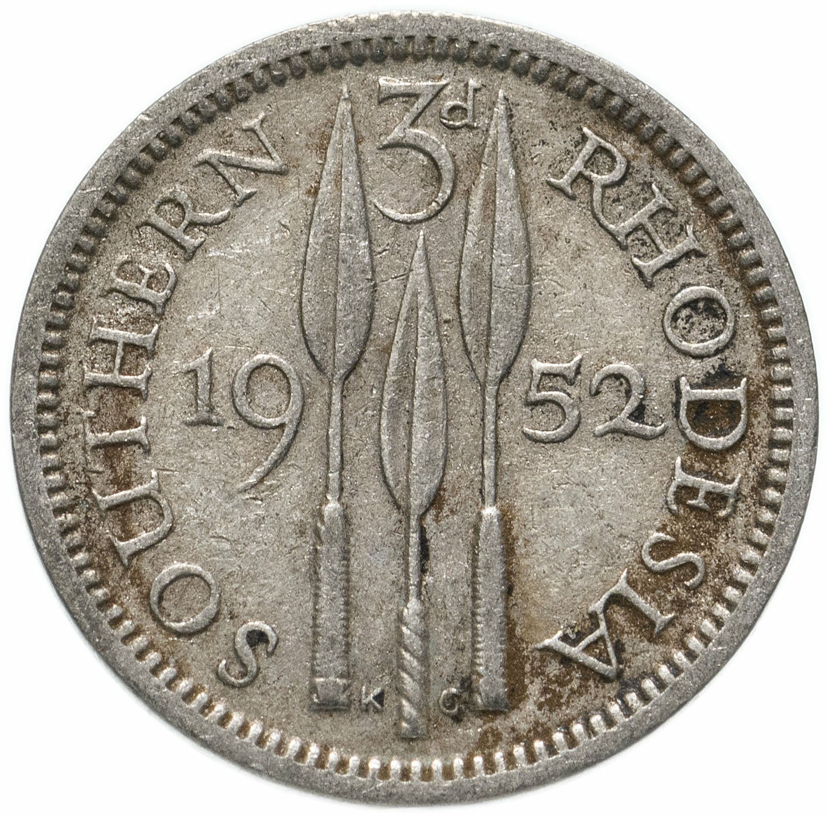 Южная Родезия 3 пенса pence 1952, Мельхиор медь-никель, в сохранности F-VF