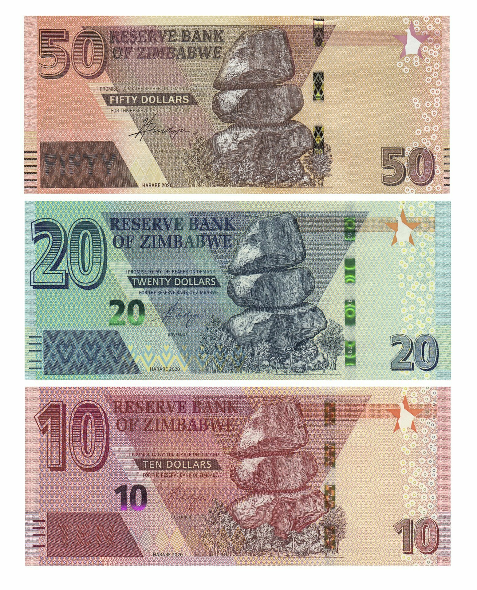 Зимбабве - набор 10 + 20 + 50 долларов 2020 года - фауна гибрид Новинка