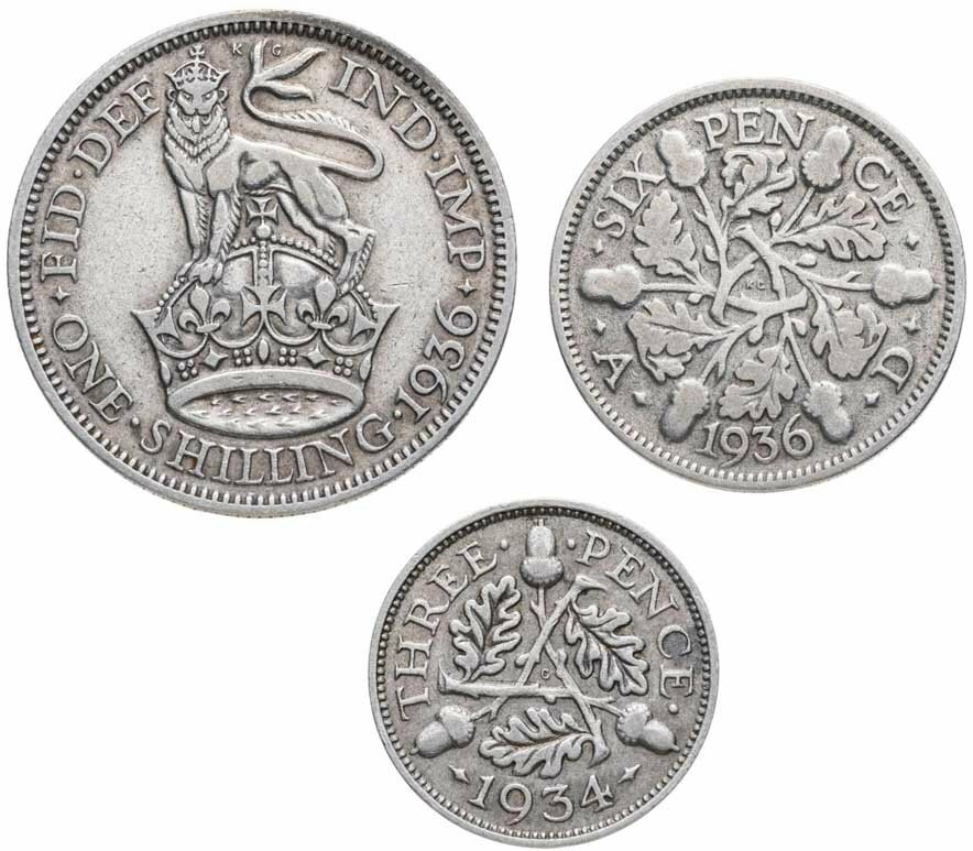 Великобритания набор серебряных монет 1934-1936 3 штуки Георг V, Серебро 500, в сохранности VF-XF