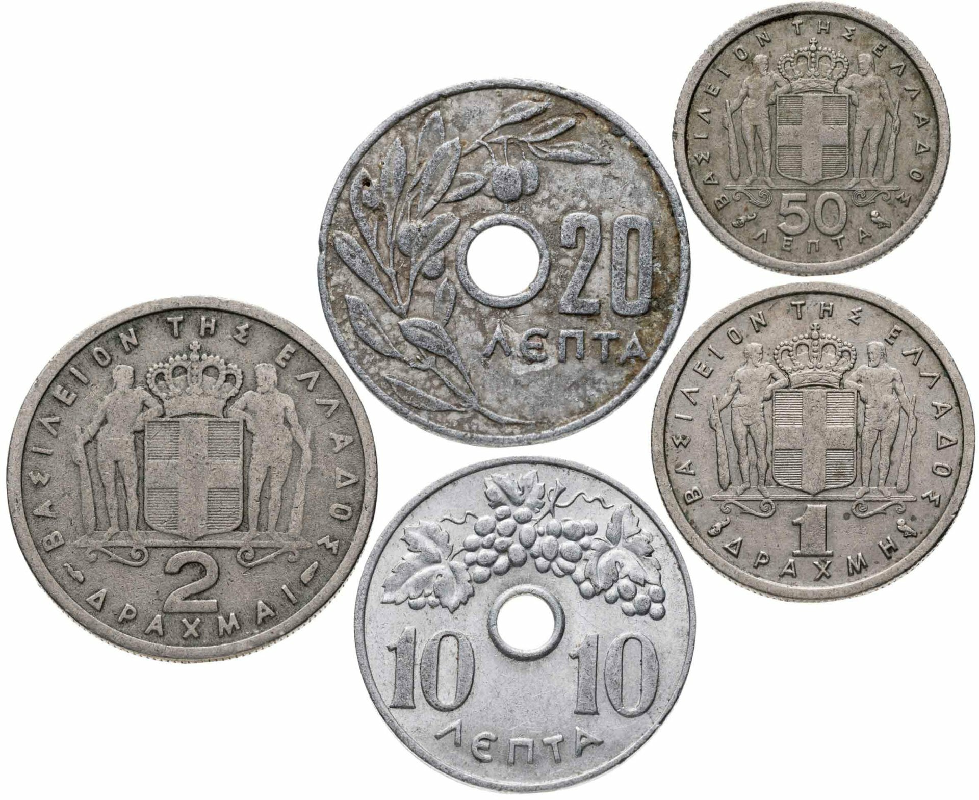 Греция набор из 5 монет 10, 20 и 50 лепт 1 и 2 драхмы 1954 - 1966 год - король Павел I, Алюминий, Мельхиор, в сохранности VF-XF
