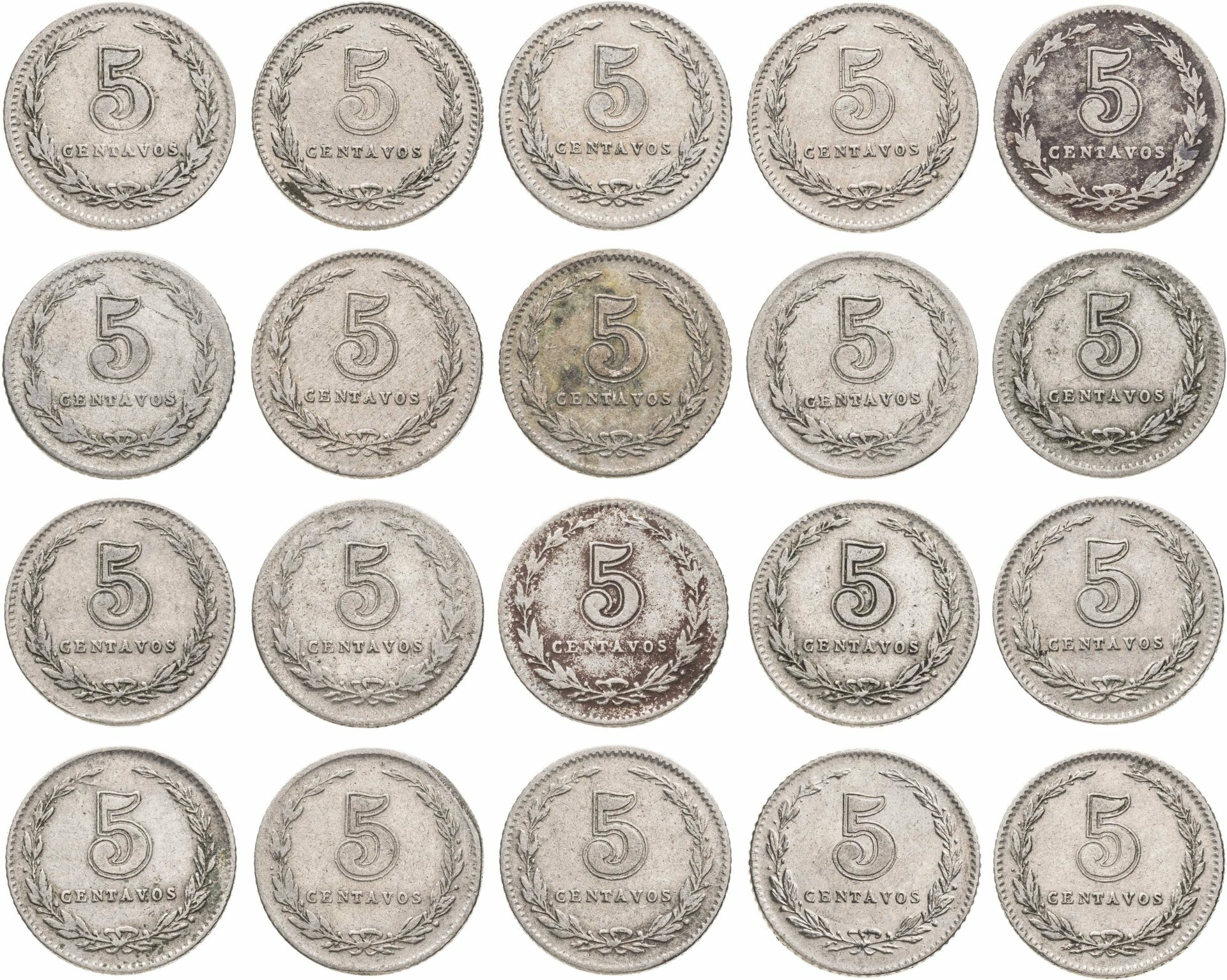 Аргентина набор монет 5 сентаво 1920-1942 20 штук, кроме 1931 и 1934 годов, Мельхиор медь-никель, в сохранности VF-XF