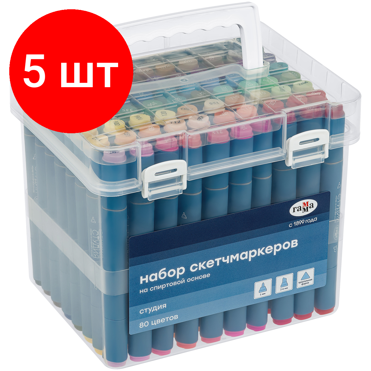 Комплект 5 шт, Набор двусторонних маркеров для скетчинга Гамма "Студия" 80цв, основные цвета, корпус трехгранный, пулевид./клиновид. наконечники, пласт. кейс