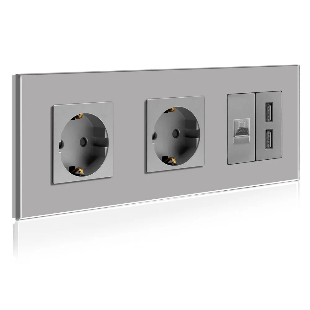 Розетка с комп RJ-45 / 2USB, интернет CAT5+2USB+2розетка, рамка стекло Серая