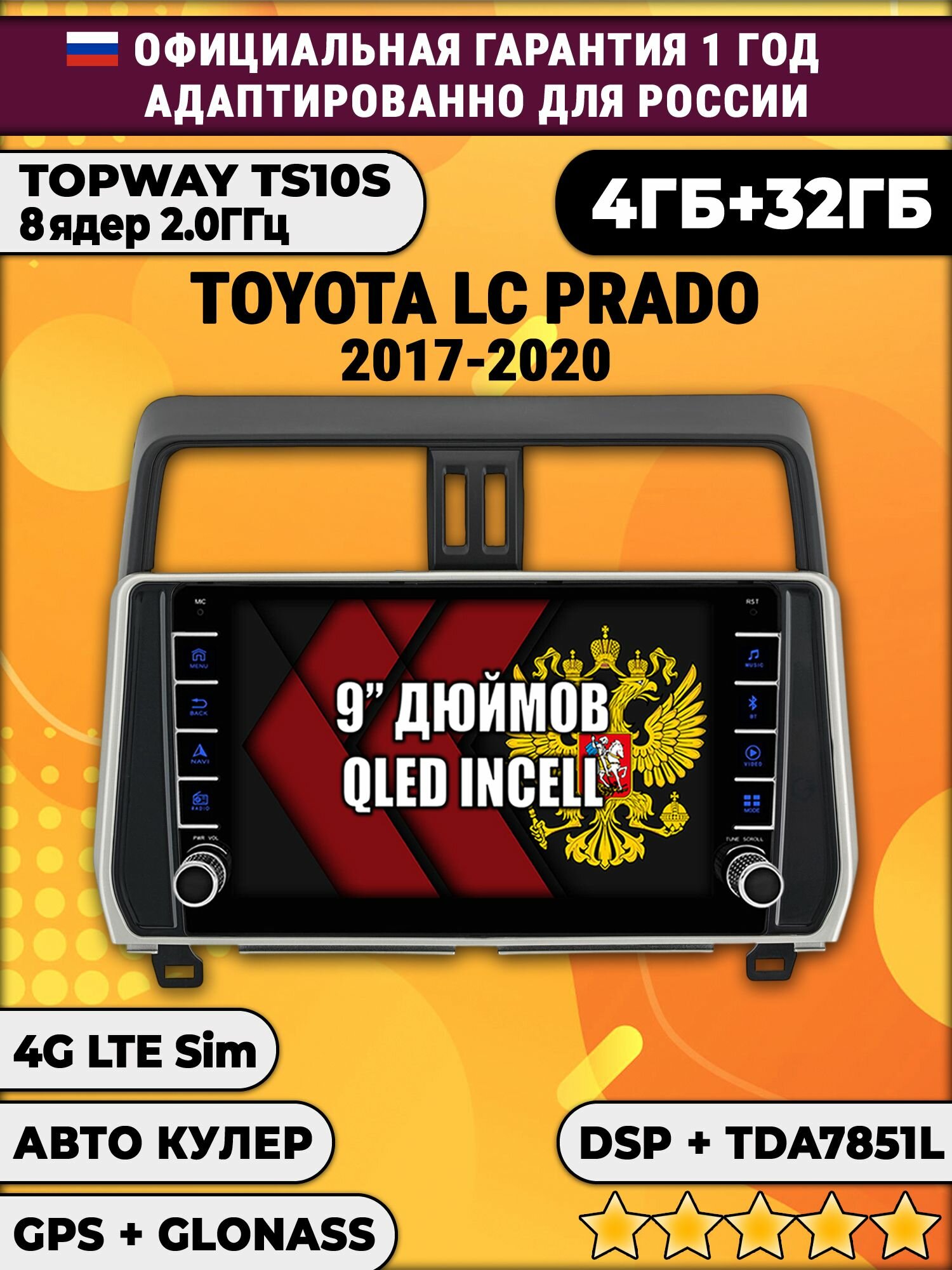 8 ядер TS10S, память 4/32, для TOYOTA PRADO 150 (2017-2020) Тоета Прадо, Android магнитола