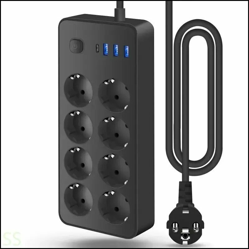 Бытовой удлинитель, защита от перенапряжения, 8 розеток, 3 встроенных USB-разъема/1 Type-C, длина кабеля 1,8 метра, 220 В