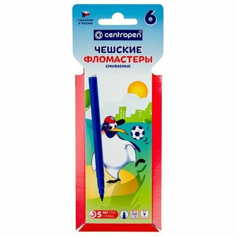 8 шт. Фломастеры 6 цветов CENTROPEN "Пингвины", смываемые, вентилируемый колпачок, 7790/6ET, 7 7790 0686