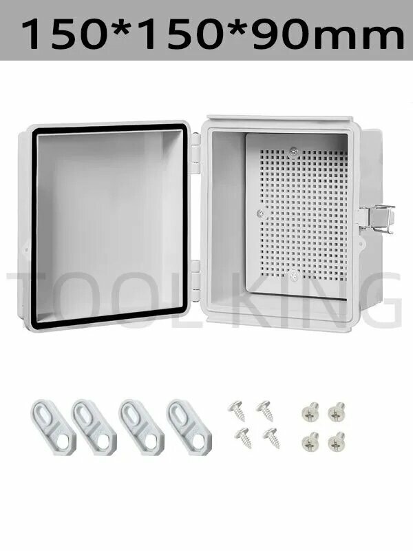 ABS Электрическая коробка, Водонепроницаемая IP67, Серая крышка, Распределительная коробка с защелкой из нержавеющей стали, Настенные кронштейны, Кабельные вводы,150x150x90 мм