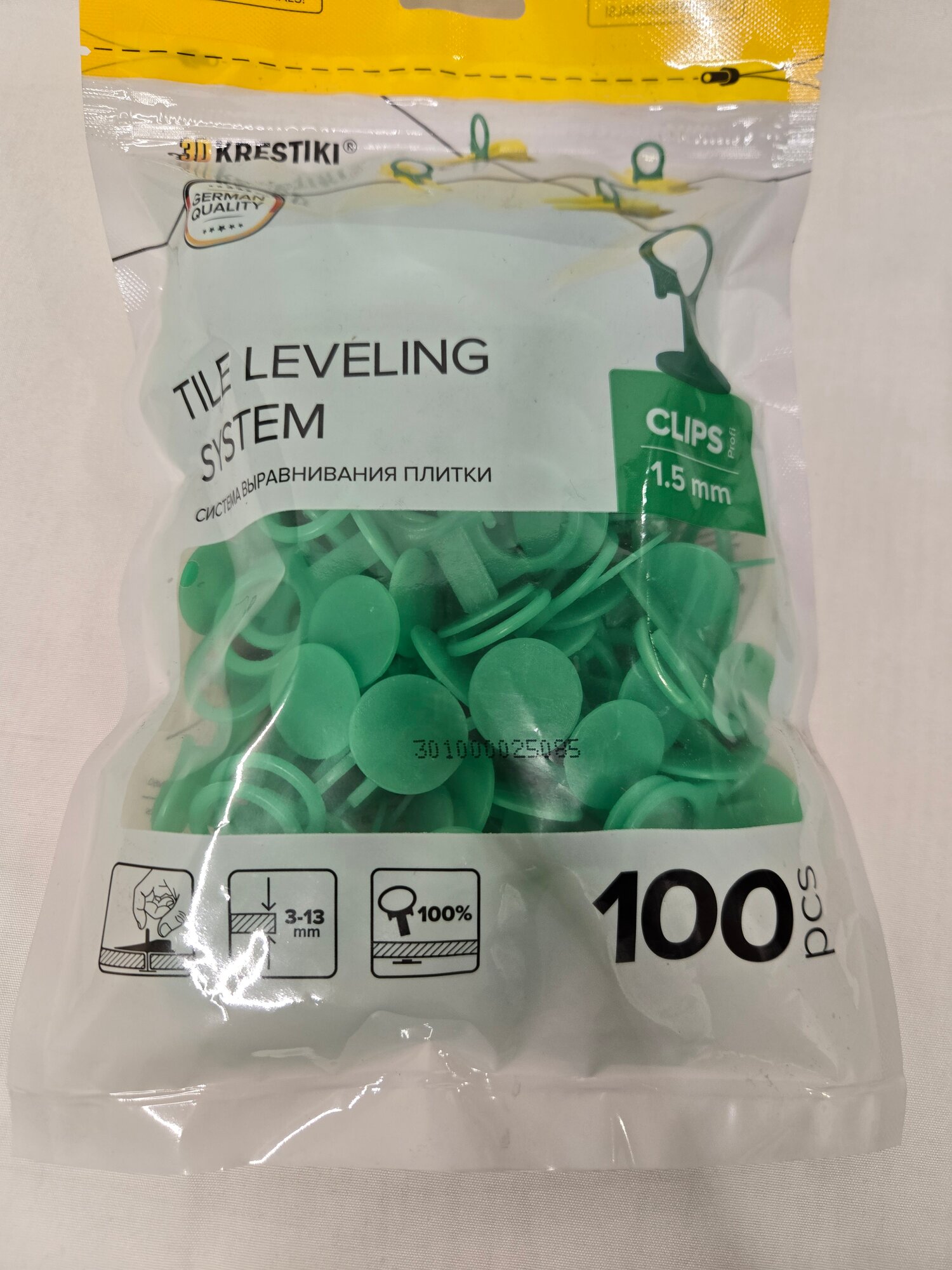 Зажимы 3D Krestiki Profi, для плитки и керамогранита, зеленый, 1,5мм, 100шт