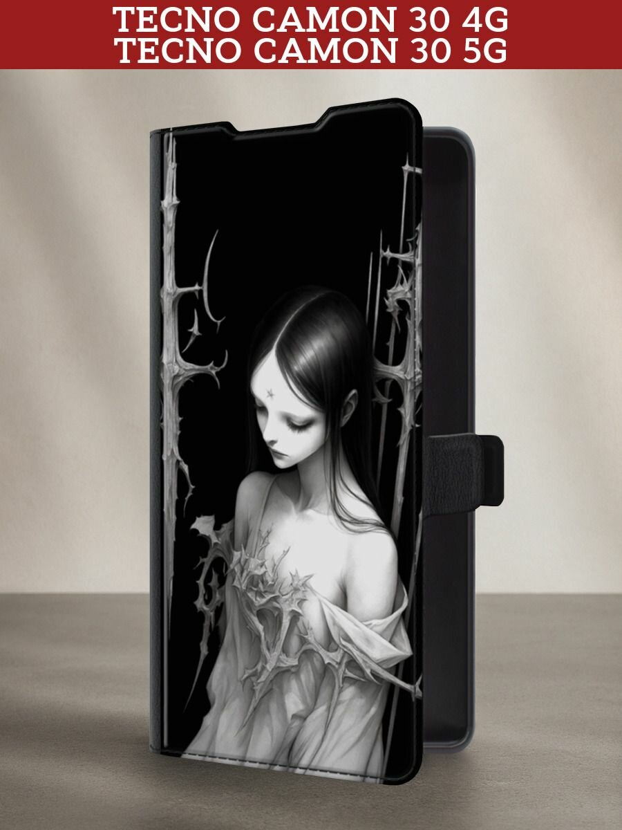 Чехол-книжка на Tecno Camon 30 4G/Tecno Camon 30 5G / Текно Камон 30 4G с принтом Грустная готическая девушка, черный
