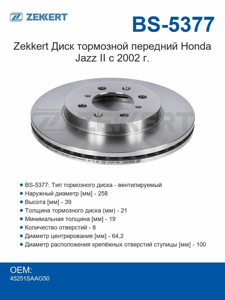 Zekkert Диск тормозной передний Honda Jazz II с 2002 г.