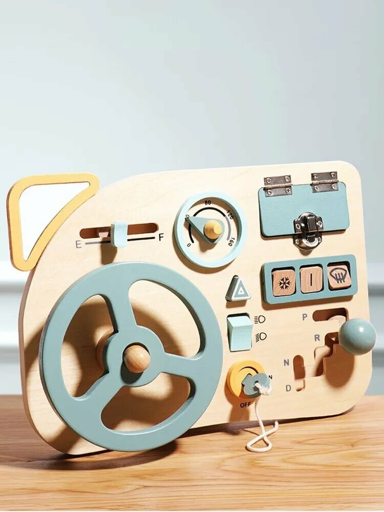 Бизиборд с рулём и переключением передач, деревянная развивающая доска, сенсорная панель Монтессори для мальчиков, 29.5 20.5 см