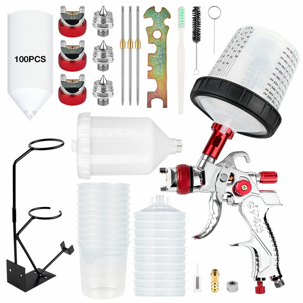 Краскопульт HVLP с подставкой 600 мл, Стаканчики со шкалой +10 одноразовых стаканчиков, для грунтовки, нанесение лаков, нанесение побелки, покраска автомобилей,