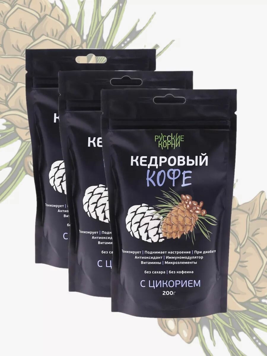 Кофейный Напиток Кедровый Кофе с Цикорием, 600 г, Набор 3 штуки - "Русские Корни"