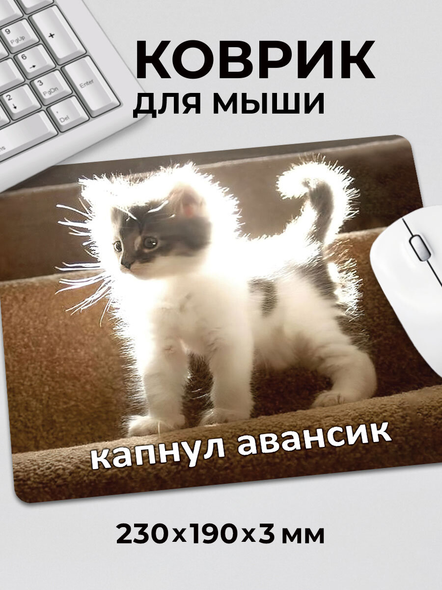Коврик для мышки с приколом мем котик светится Капнул авансик, на нескользящем резиновом основании 230x190x3 мм