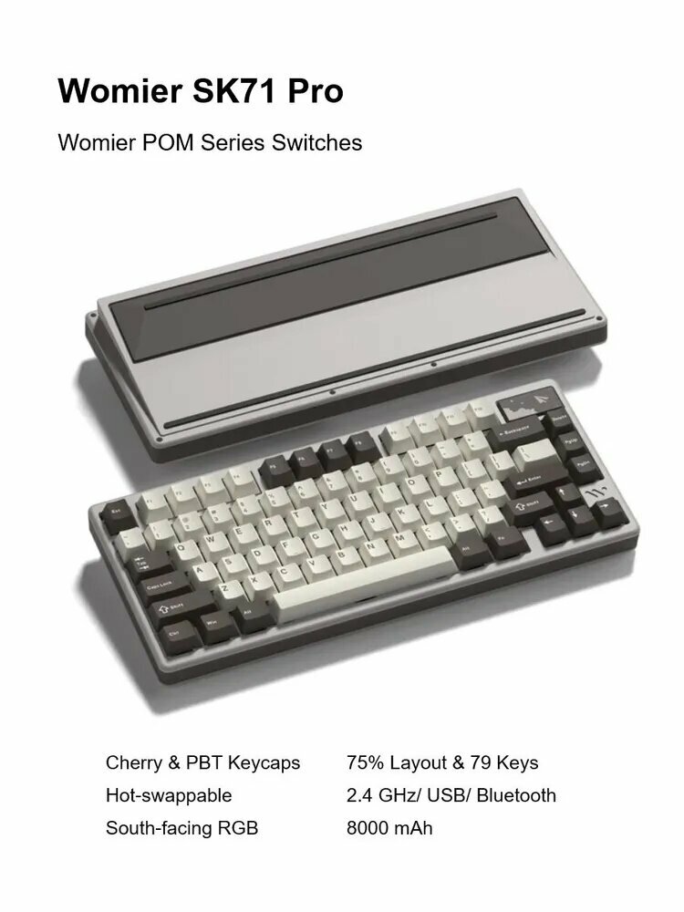 Womier Клавиатура беспроводная SK71 PRO, Английская раскладка, серый металлик