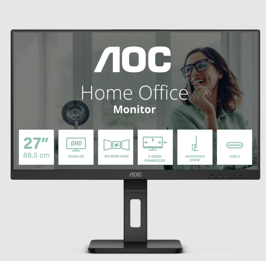 Монитор AOC 27" Q27P3CV, 16:9, IPS, QHD, 4ms, 350cd, 75Hz, HDMI, DP in, DP out, USB, USB-C, LAN, SPK, HAS