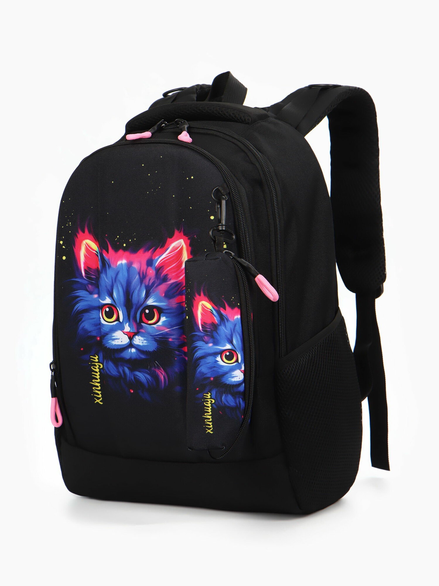 Рюкзак школьный "Котик", эргономичная спинка, с пеналом, 32x17x41 см, чёрный