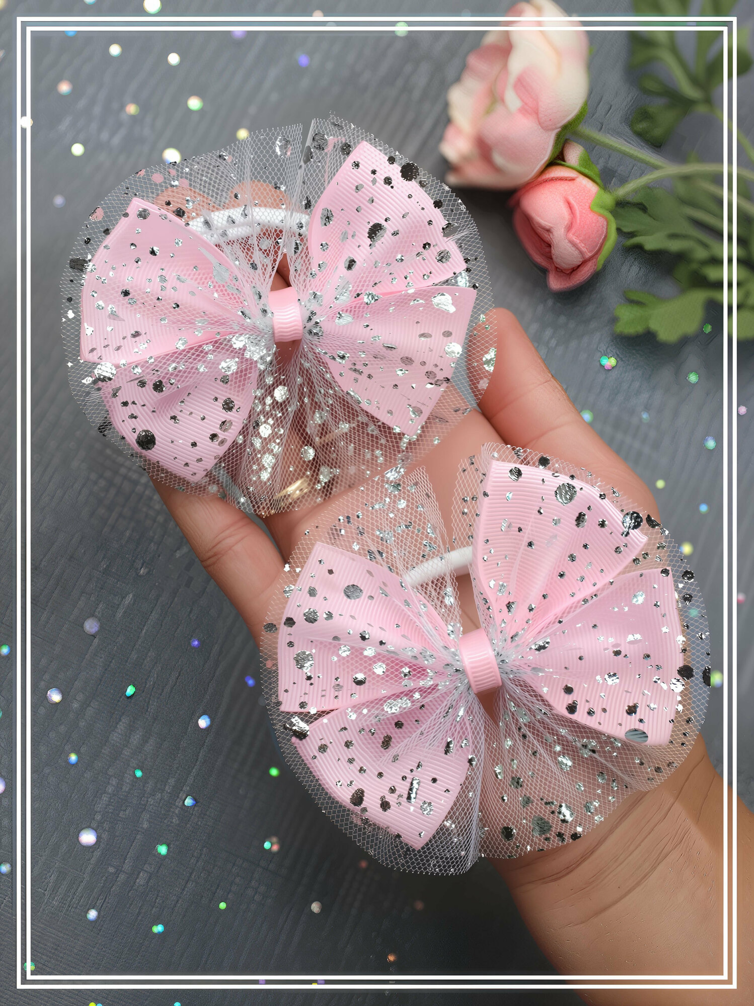 Розовые банты для волос с блестками на резинке, бантики для девочек ручной работы.