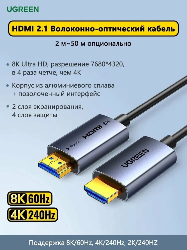 Ugreen Видеокабель HDMI/HDMI, 10 м, серый металлик, черный