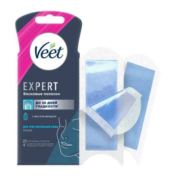 Восковые полоски для депиляции Veet Expert для чувствительной кожи лица 20шт