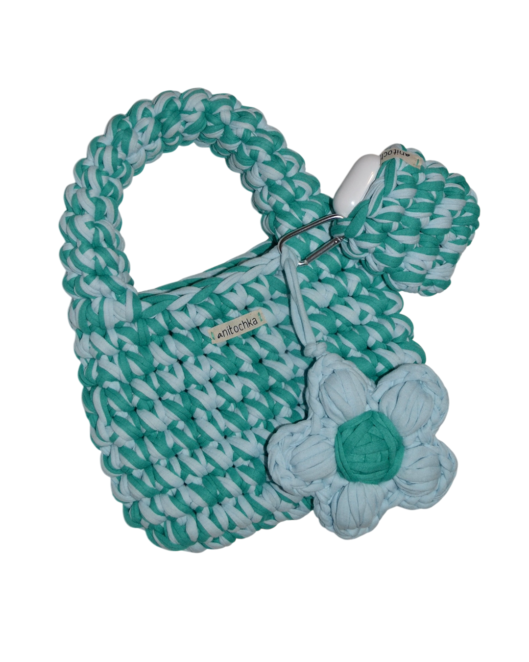 Сумка багет  anitochka.shop, с брелком-цветком и чехлом для наушников, 27×20 см, голубой/бирюзовый