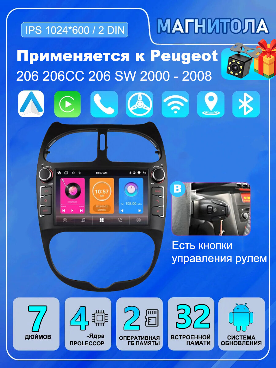 Магнитола PEUGEOT 206 206CC 206SW 2000-2008,7 дюймов, 2/32ГБ WiFi