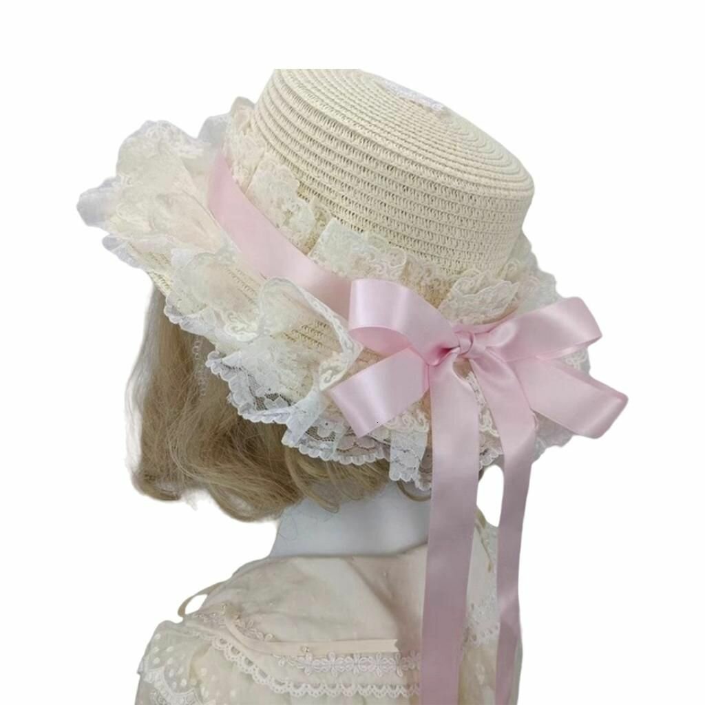 Соломенная шляпа-боннет с кружевной лентой, Розовый