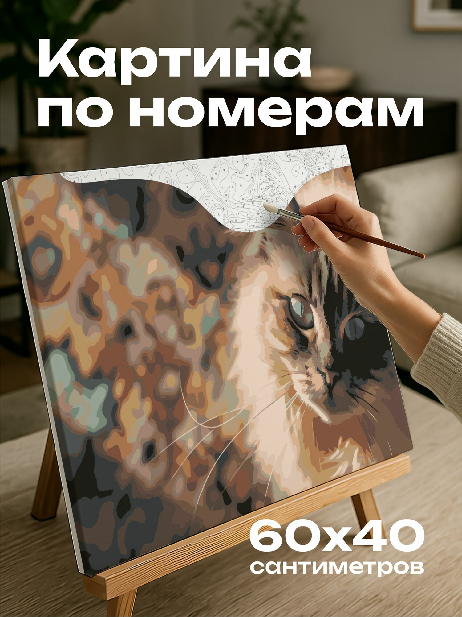 Картина по номерам 60x40 см, кошка, голубые глаза, солнечный свет, шерсть, тень, окно, Canon EF 50mm f, 1.8 STM