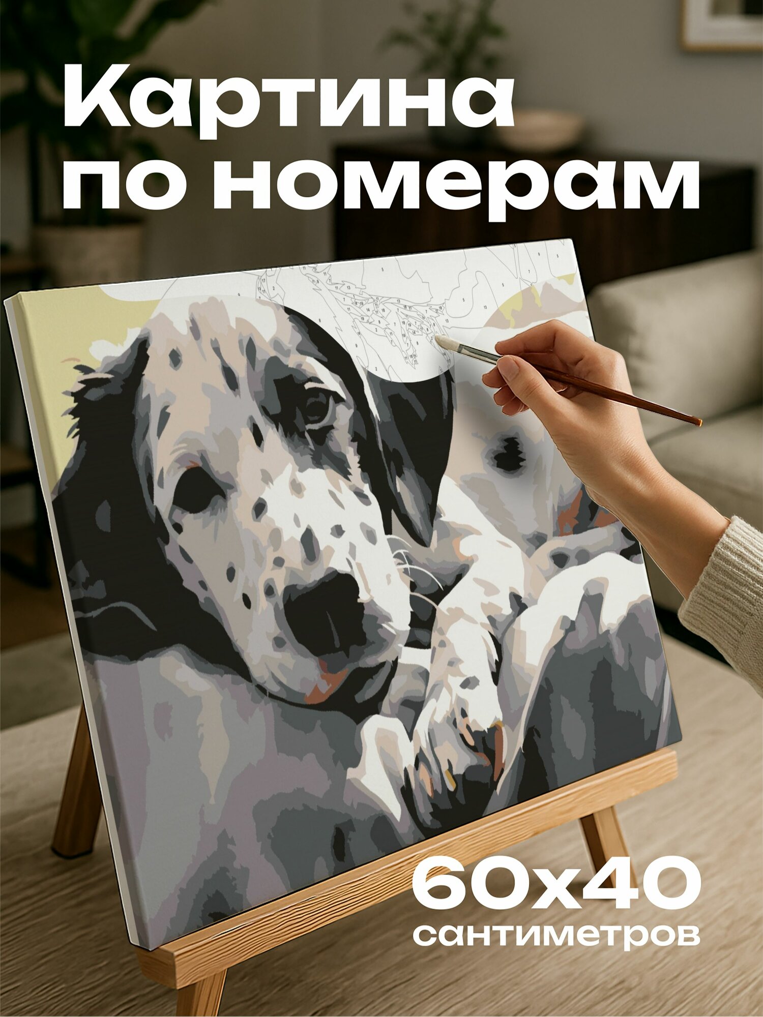 Картина по номерам 60x40 см, акварельная картина, щенок далматина, спящий, узорчатый коврик, солнечный свет, тепло