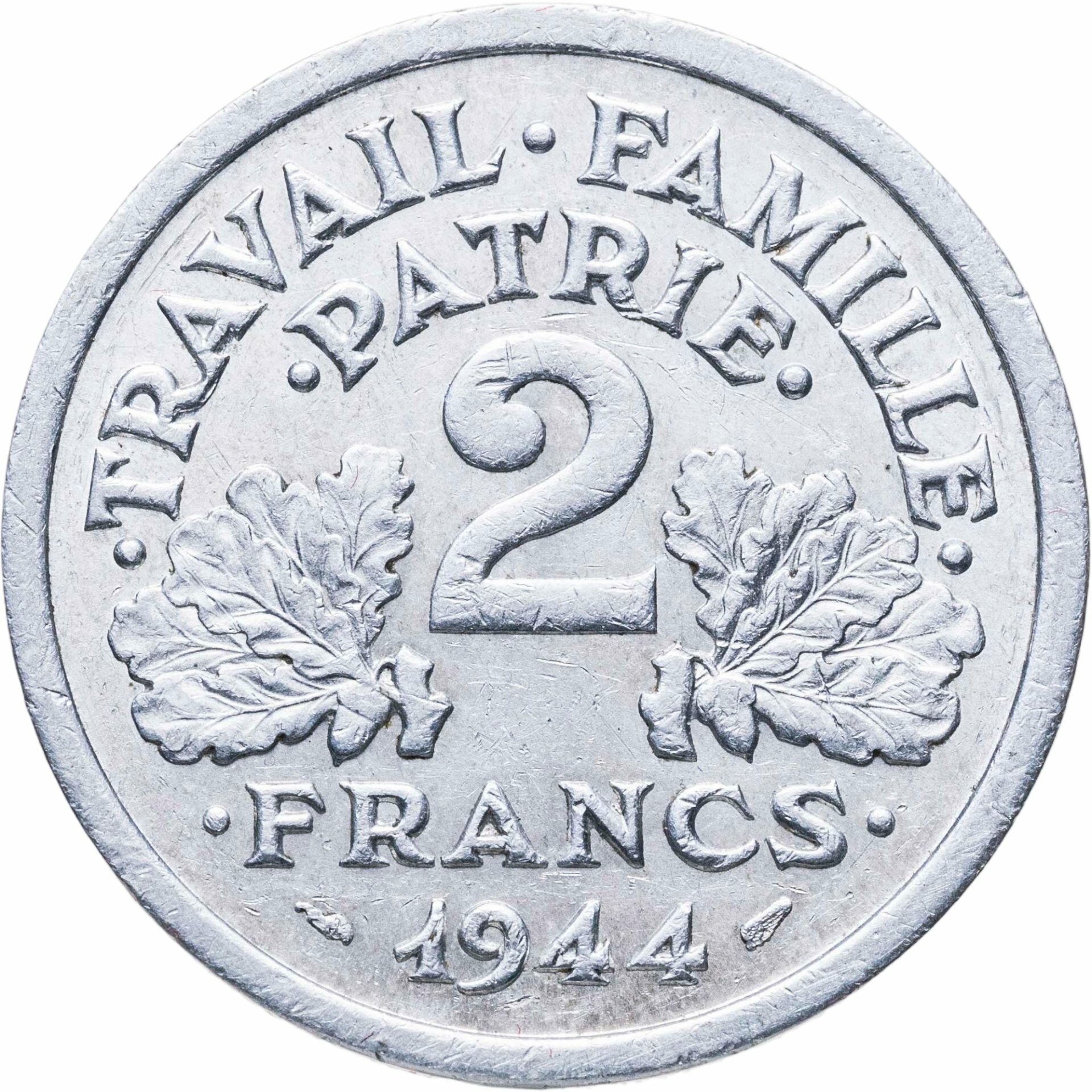 Франция 2 франка francs 1944 B ÉTAT FRANÇAIS знак монетного двора: "B" - Бомон-ле-Роже, Алюминий, в сохранности VF