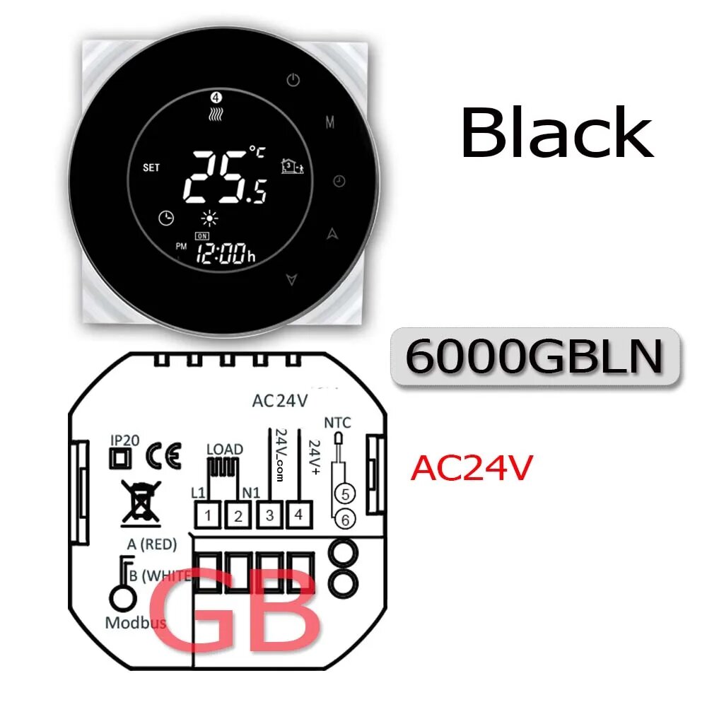 Термостат для теплого пола Black 6000GBLN AC24V
