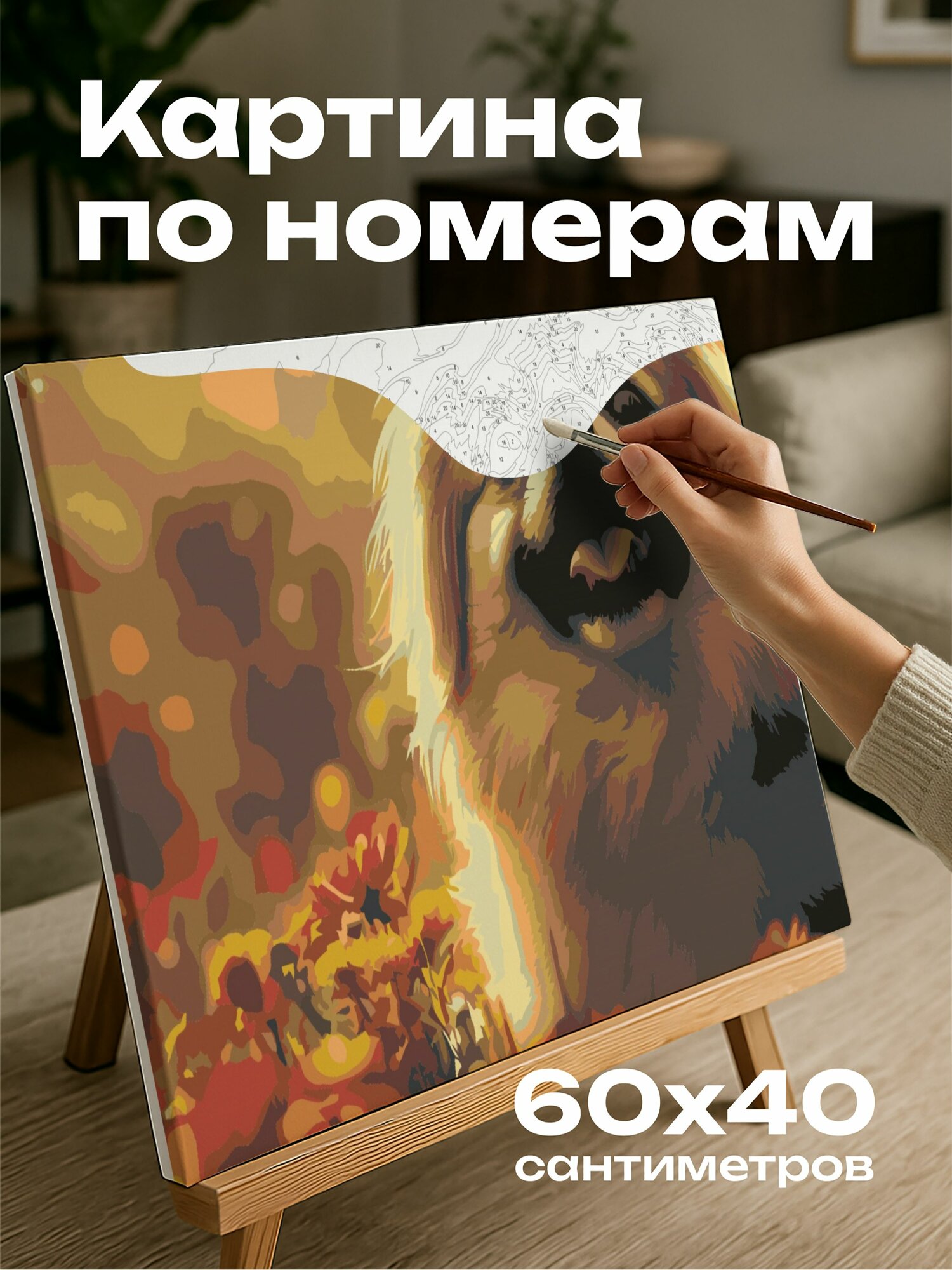 Картина по номерам 60x40 см, пекинес, счастливый, природа, радость, беззаботное поведение, фотография