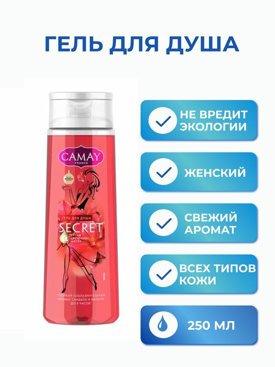 CAMAY Гель для душа Тайное блaженство с ароматом фиалок и драгоценных масел, 250 мл