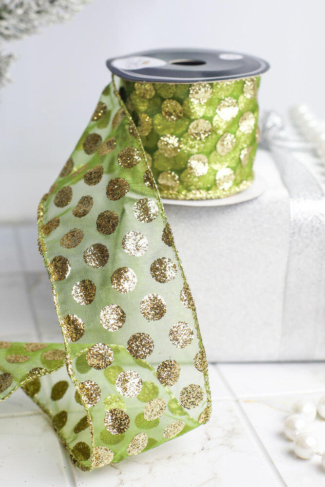 Лента для декорирования изящная - Горошек, зелёный с золотым, 6x270 см, Kaemingk 445325-1